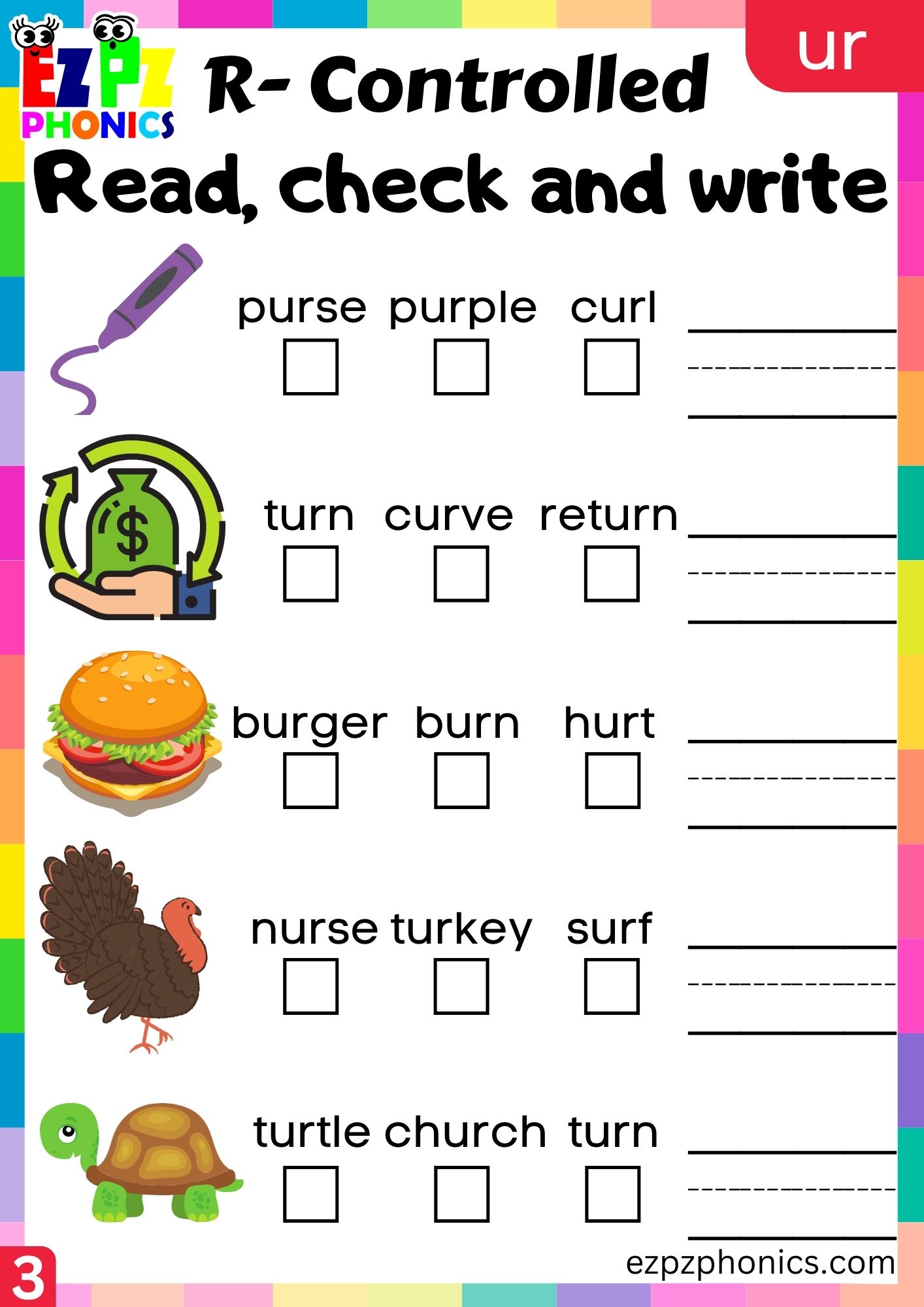 Write the words activity for ir words R Controlled Vowels Phonics group 1 - ezpzphonics.com